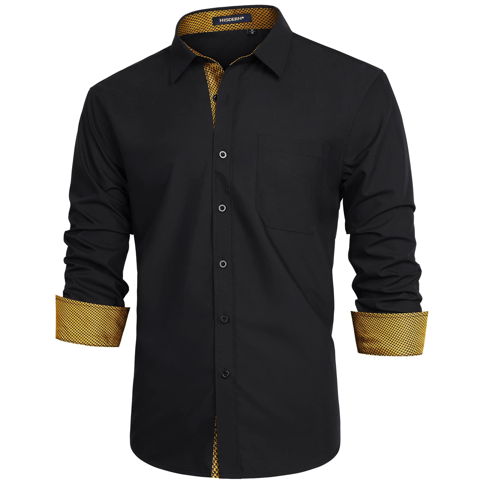 HISDERN Mens Black Dress Shirt Long Sleeve Button Down Collar Plaid Inner Contrast Formal Business Casual Shirts