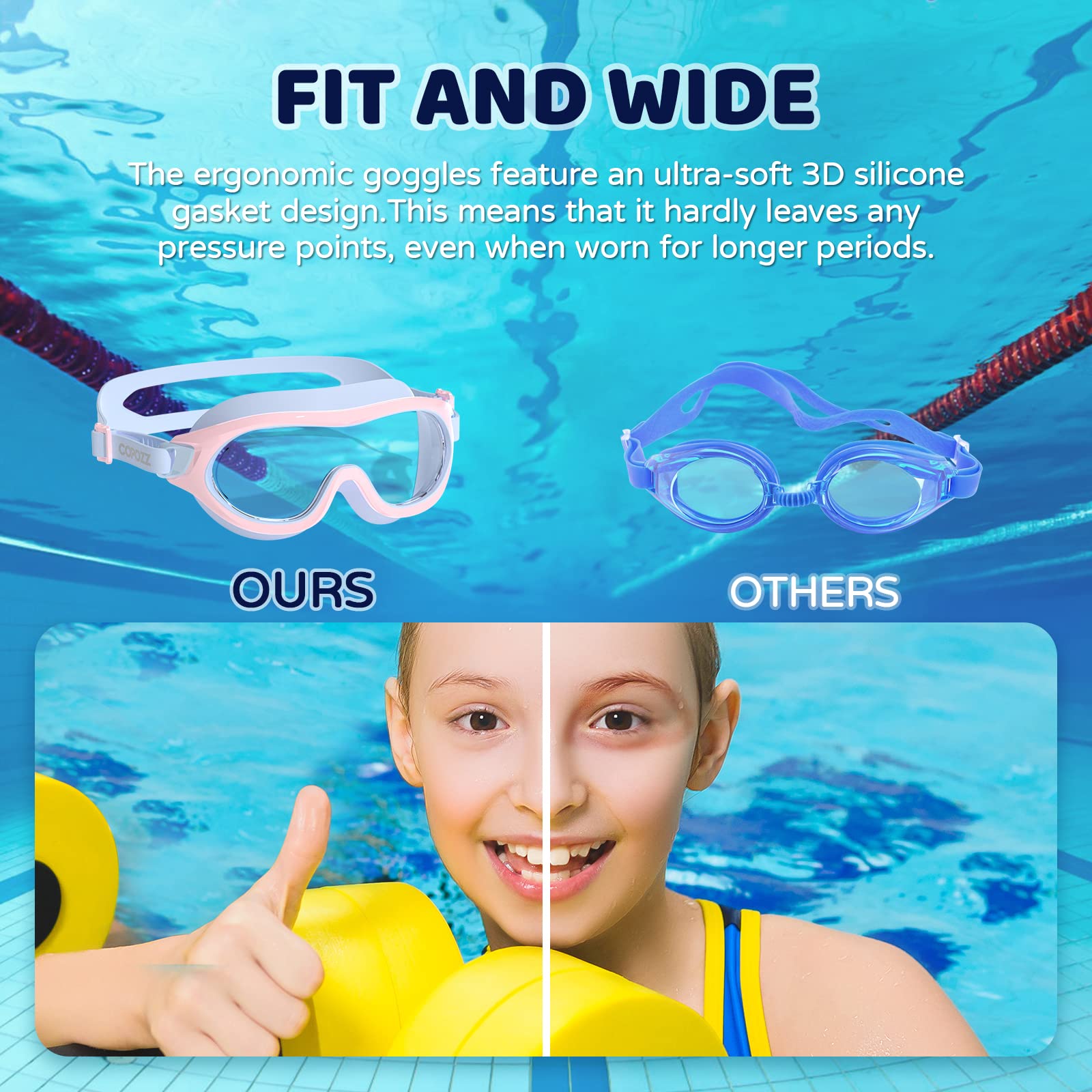 COPOZZ Swimming Goggles for Kids 6-14, Wide View Youth Swim Goggles No Leaks AntiFog Crystal Clear Water Pool Swim