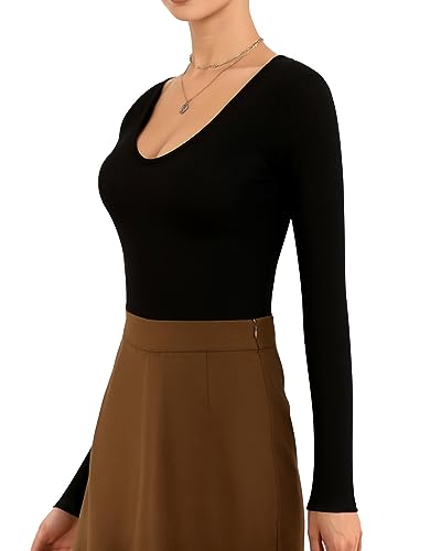 MANGOPOP Plunge V Neck Long Sleeve Body suits for Womens Sexy Bodysuit Going Out Tops (Black, Medium)