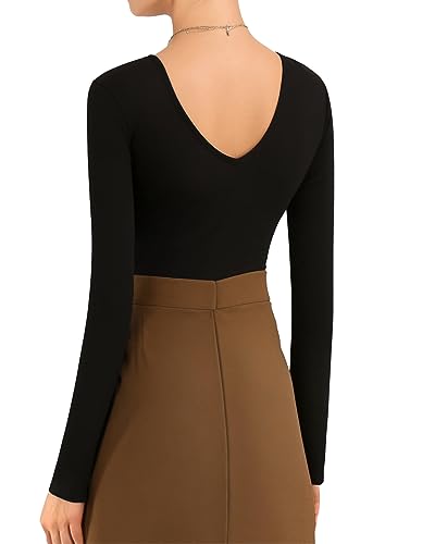 MANGOPOP Plunge V Neck Long Sleeve Body suits for Womens Sexy Bodysuit Going Out Tops (Black, Medium)