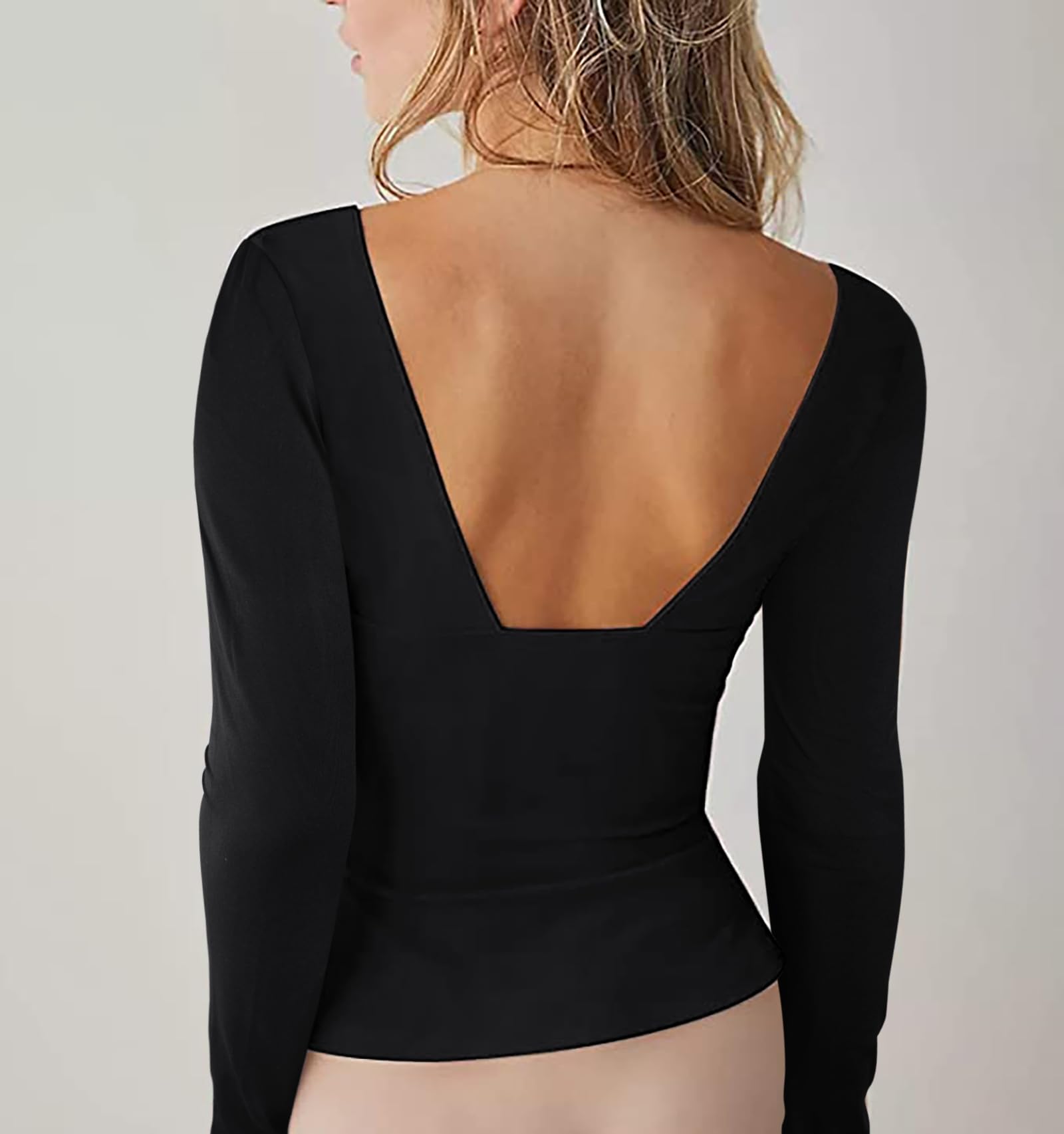 ABYOVRT Women Low Cut Tops Backless Deep V Neck Long Sleeve Crop Tops Sexy Y2k Shirt Going Out Club Wear (C-Black,S)
