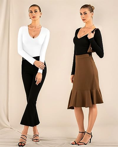 MANGOPOP Plunge V Neck Long Sleeve Body suits for Womens Sexy Bodysuit Going Out Tops (Black, Medium)