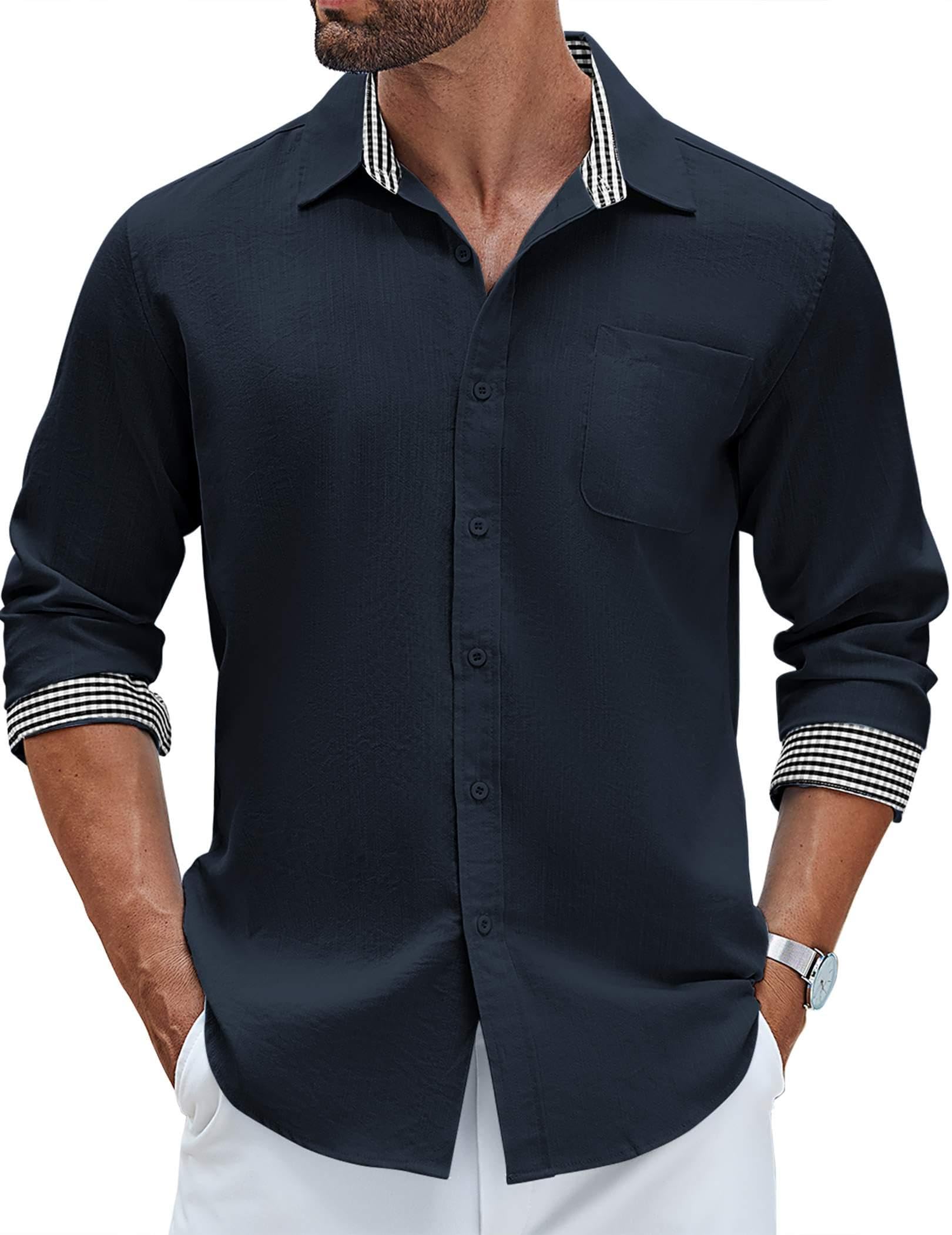 COOFANDY Mens Casual Shirts Long Sleeve Button Up Dress Shirts for Men Linen Beach Wedding Shirts, Navy Blue, XX-Large