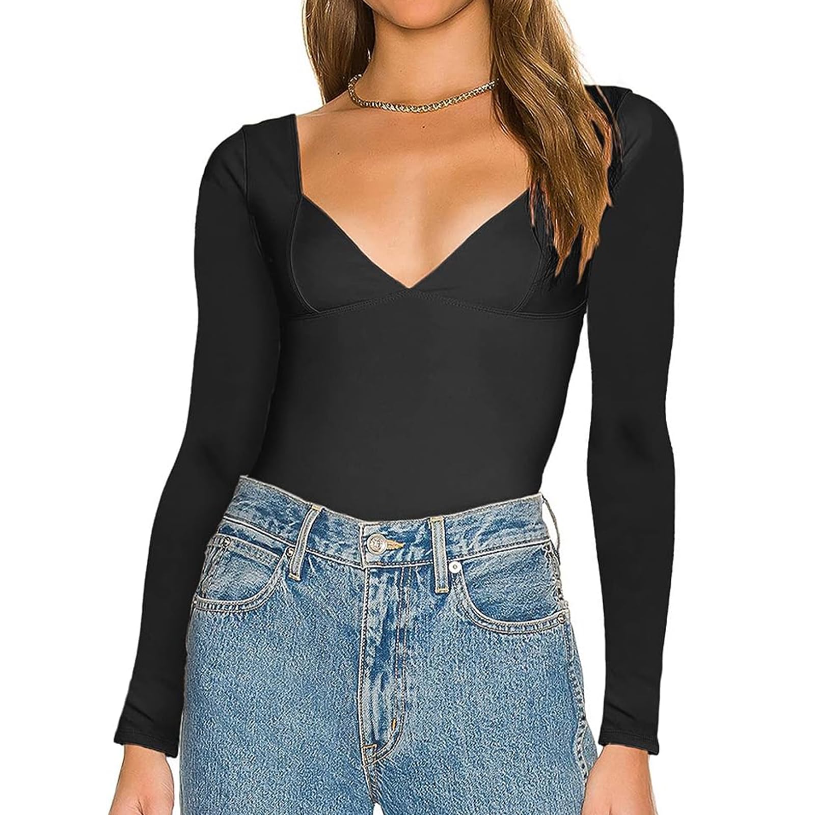 ABYOVRT Women Low Cut Tops Backless Deep V Neck Long Sleeve Crop Tops Sexy Y2k Shirt Going Out Club Wear (C-Black,S)