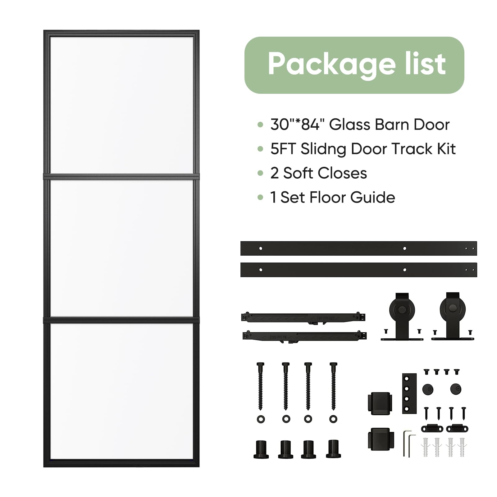 BARNSMITH 30in x 84in Frosted Glass Barn Door with 5FT Top Mounted Hardware kit Include Soft Close Mechanism Black Carbon Steel Tempered Frosted Glass Sliding Door,Assemble Required Easy Installation