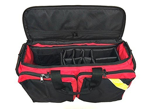 LINE2design EMS Oxygen Bag - Deluxe Medical Oxygen Bag Portable O2 Bag Supply Ambulance Gear Bags - Fully Padded Bag with Yellow Reflective Trim & Shoulder Strap EMS Supplies - Red