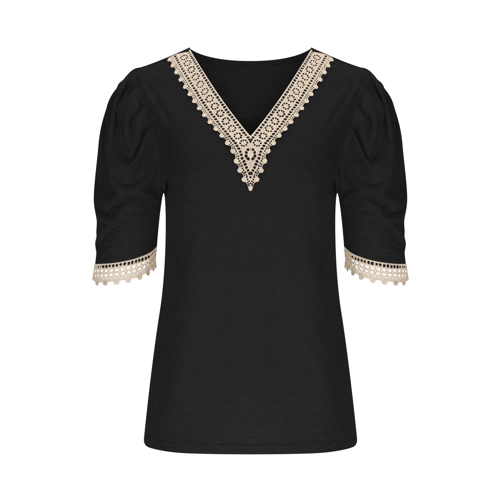 Tshirts Dresses Shirts for Women Sexy Women's Casual Summer V Neck Solid Color Hollow Gold Lace Stitching Bubble Short