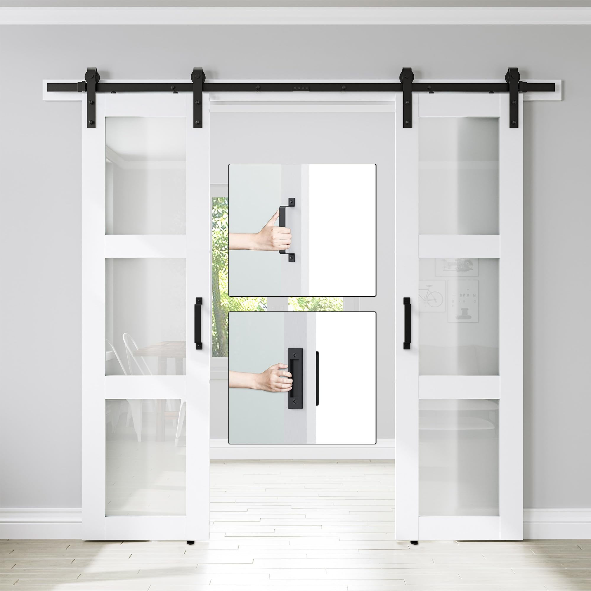 COSHOMER Double 24 x 84in 3-Panel Sliding Barn Door with Frosted Glass and 8FT Hardware Kit - Waterproof, Easy Assembly, Pre-Drilled Holes - Suitable for Openings up to 46in x 82in, White