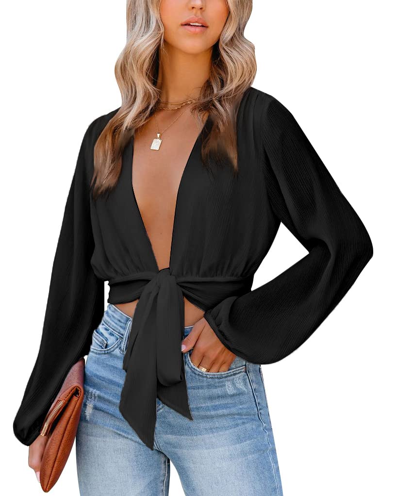 LYANER Women's Deep V Neck Tie Front Knot Long Sleeve Sexy Wrap Crop Top Blouse Solid Black Medium