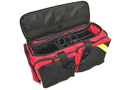 LINE2design EMS Oxygen Bag - Deluxe Medical Oxygen Bag Portable O2 Bag Supply Ambulance Gear Bags - Fully Padded Bag with Yellow Reflective Trim & Shoulder Strap EMS Supplies - Red