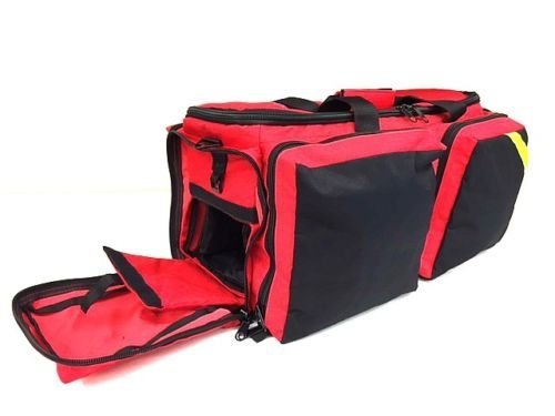 LINE2design EMS Oxygen Bag - Deluxe Medical Oxygen Bag Portable O2 Bag Supply Ambulance Gear Bags - Fully Padded Bag with Yellow Reflective Trim & Shoulder Strap EMS Supplies - Red