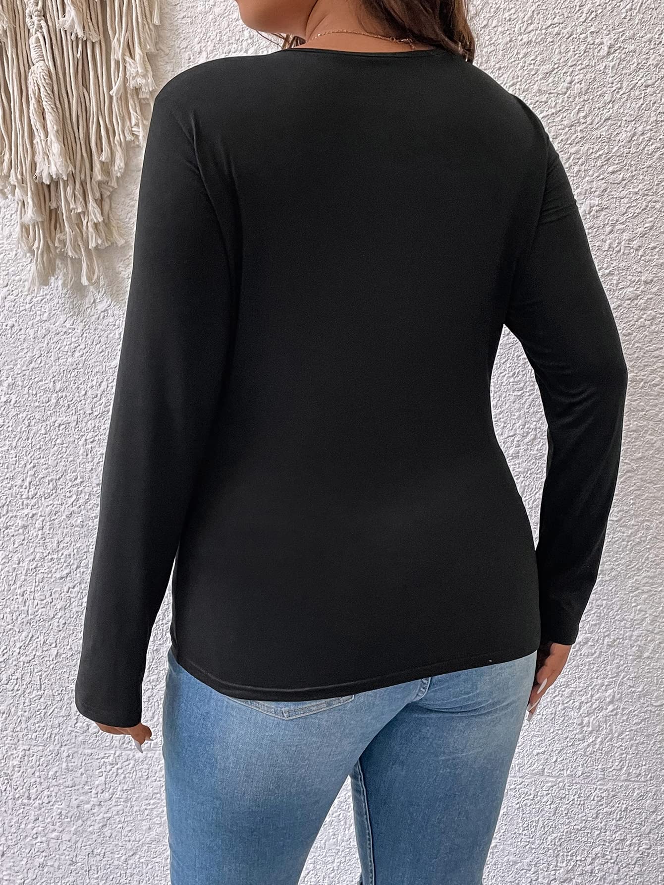 WDIRARA Women's Plus Size Deep V Neck Criss Cross Ring Long Sleeve Sexy Tee Tops Black 2XL