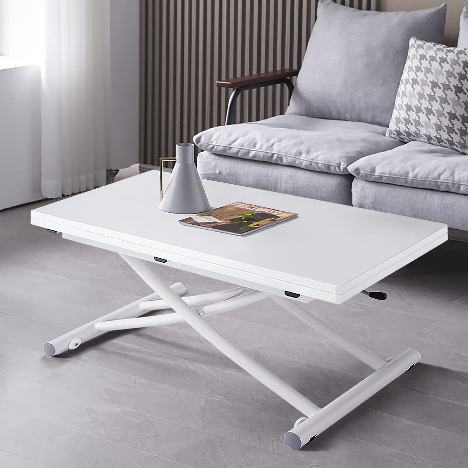 MYSELFLY Living Room Dinning Tables Folding Metal Lift Bracket Multifunction Transform Dinner Kitchen Coffee Tea End Table in Home Wood Desktop Design 40x35 White