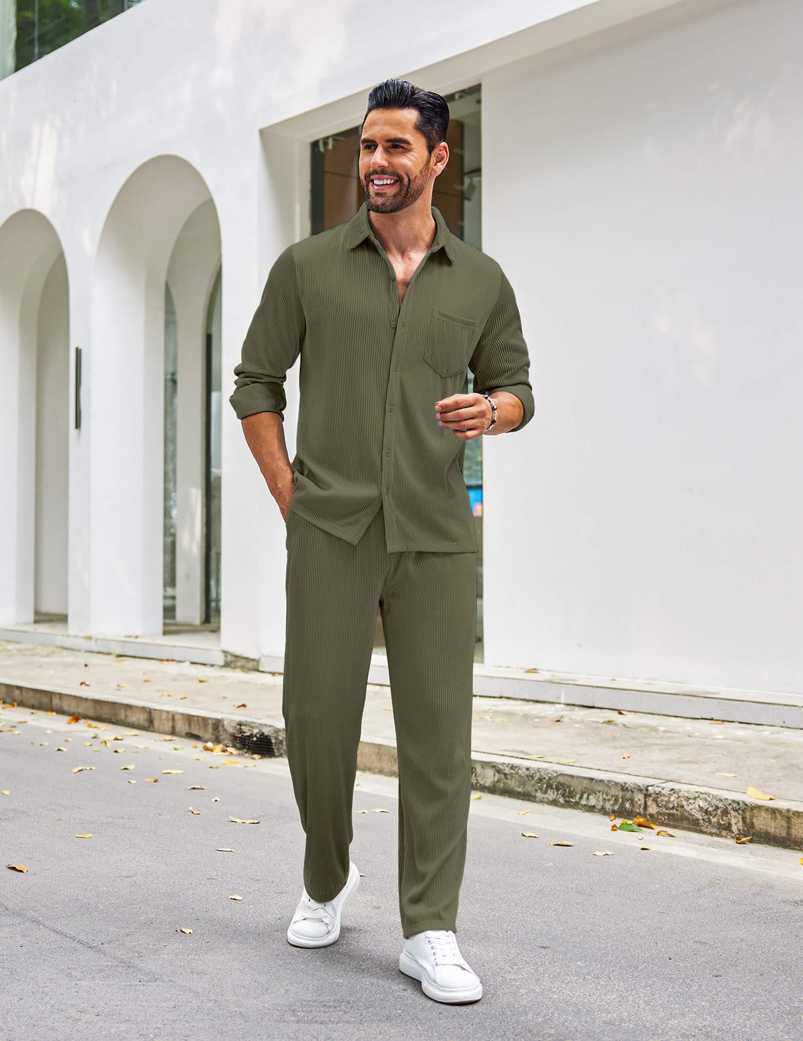 COOFANDY Mens Matching Shirt and Pants Set Long Sleeve Button Up Shirts Ribbed Pants with Pockets Lounge Tracksuits