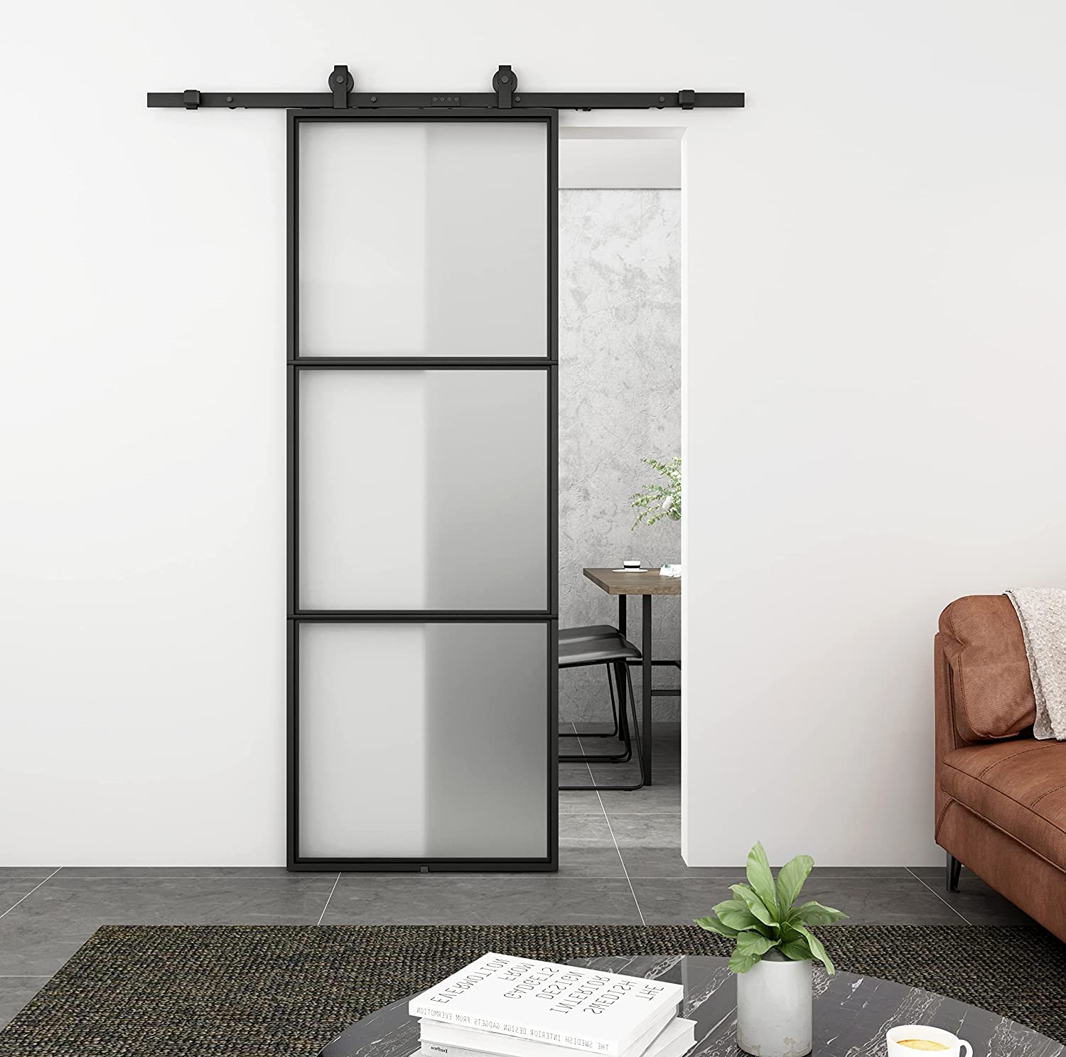 BARNSMITH 30in x 84in Frosted Glass Barn Door with 5FT Top Mounted Hardware kit Include Soft Close Mechanism Black Carbon Steel Tempered Frosted Glass Sliding Door,Assemble Required Easy Installation
