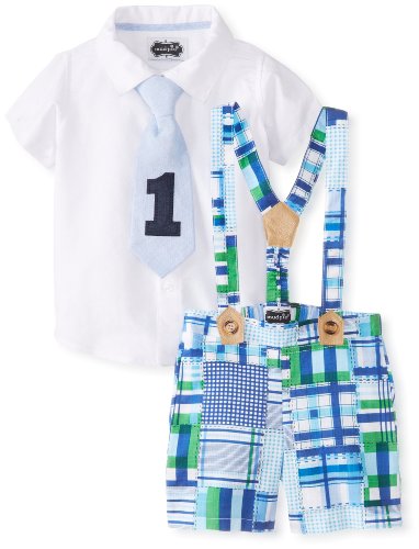 Mud Pie Baby Boys' I'M One 3 Piece Set Madras Plaid Shorts Button Down and Tie Set, Multi, 12 18 Months