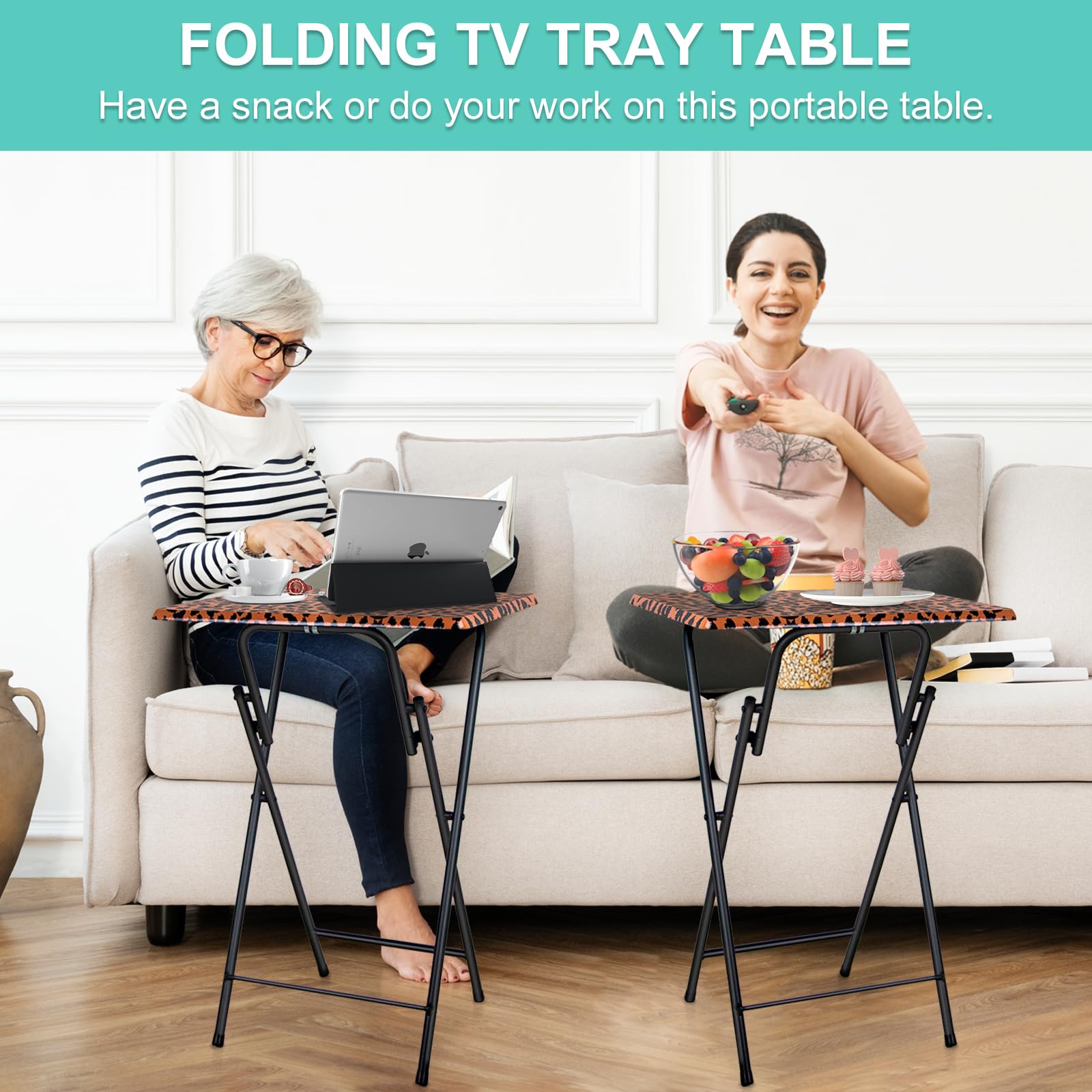 fusehome Folding TV Tray Table, TV Tray for Eating on Couch, Small Folding Table, Portable Tray Table Couch Desk, Foldable Snack Table, with Leopard Print, for Bed & Sofa, Living Room, Bedroom