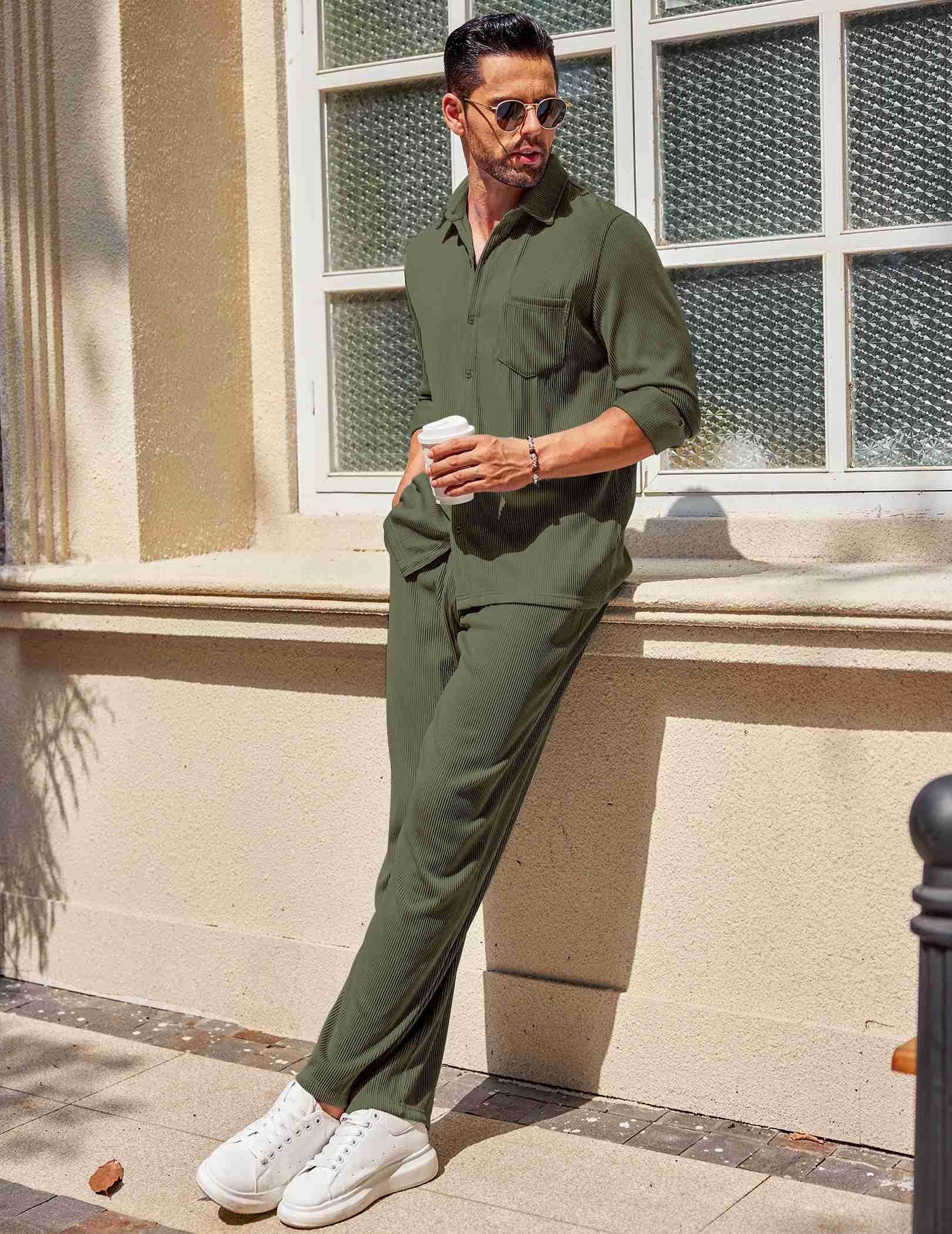 COOFANDY Mens Matching Shirt and Pants Set Long Sleeve Button Up Shirts Ribbed Pants with Pockets Lounge Tracksuits
