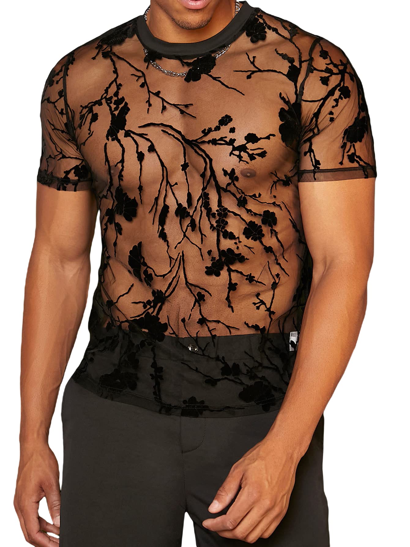 WDIRARA Men's Floral Print See Through Round Neck Short Sleeve Mesh Tshirt Party Top Black XL