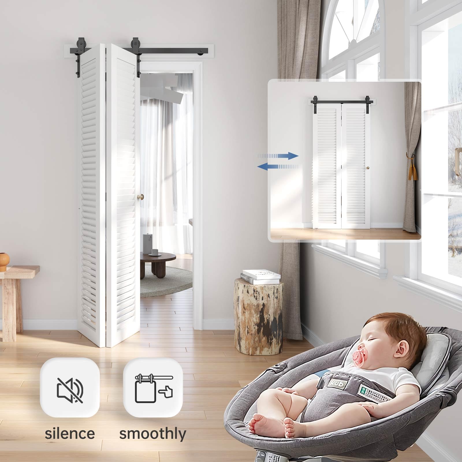 EaseLife 24" Bi-Folding Sliding Barn Door Hardware Track Kit for 2 Closet Door,Side Mount,Heavy Duty,Slide Smoothly Quietly,Easy Install,Black,No Door (Track Length 28" for Double 12" Wide Door)