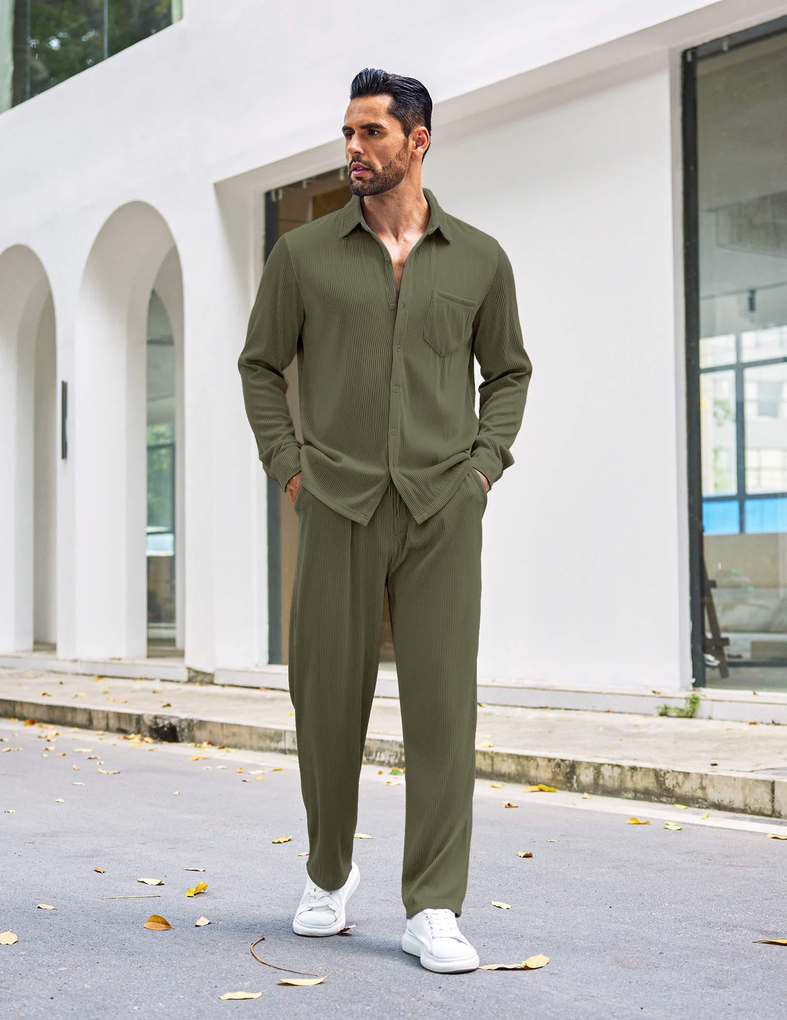 COOFANDY Mens Matching Shirt and Pants Set Long Sleeve Button Up Shirts Ribbed Pants with Pockets Lounge Tracksuits