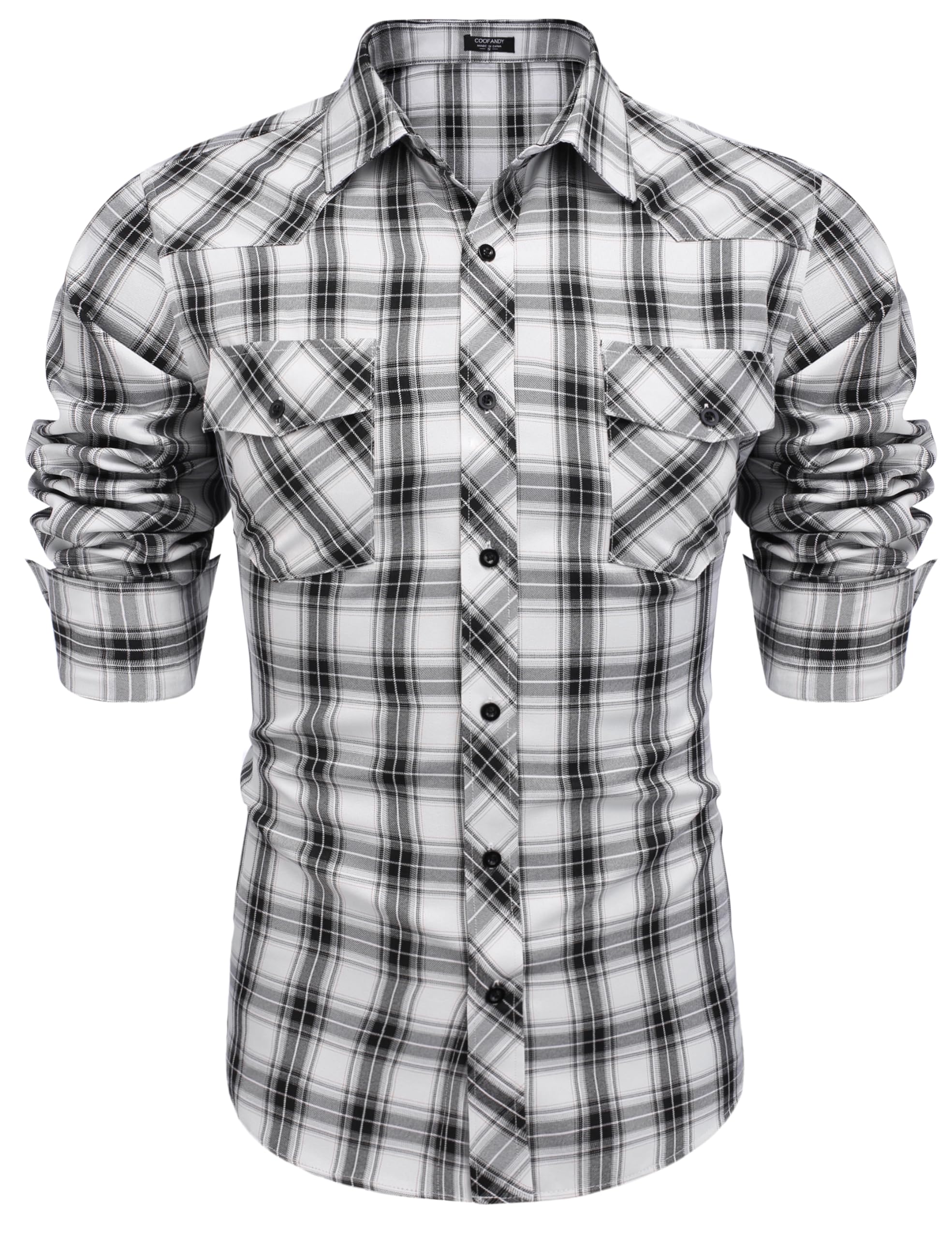 COOFANDY Mens Shirt Western Long Sleeve Cowboy Plaid Casual Button Up Dress with Pockets, Black White, Large, Long Sleeve