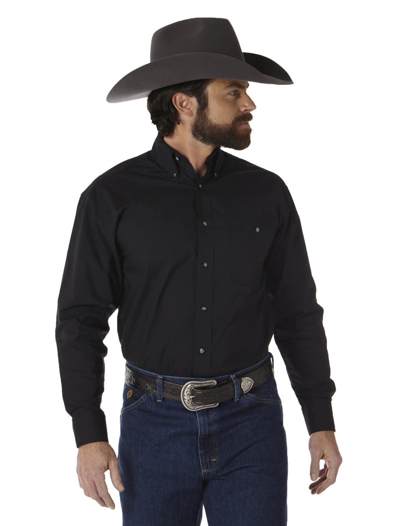 Wrangler Men's Western George Strait One Pocket Button Long Sleeve Woven Shirt,Flat Black,XXL