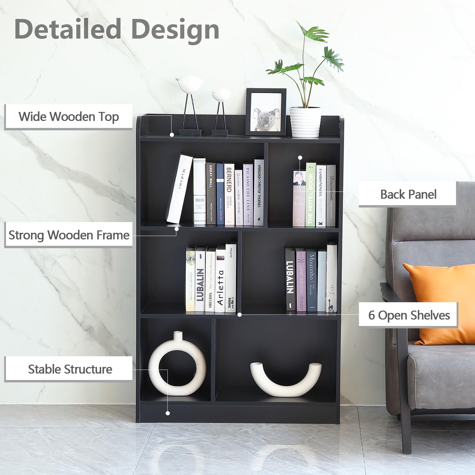 COMUHOME Book Shelf with Back Panel Stability 6 Cube Bookcase Multifunctional Cube Storage Organizer for Bedroom Living Room Office Closet School in Black with 31.49''W