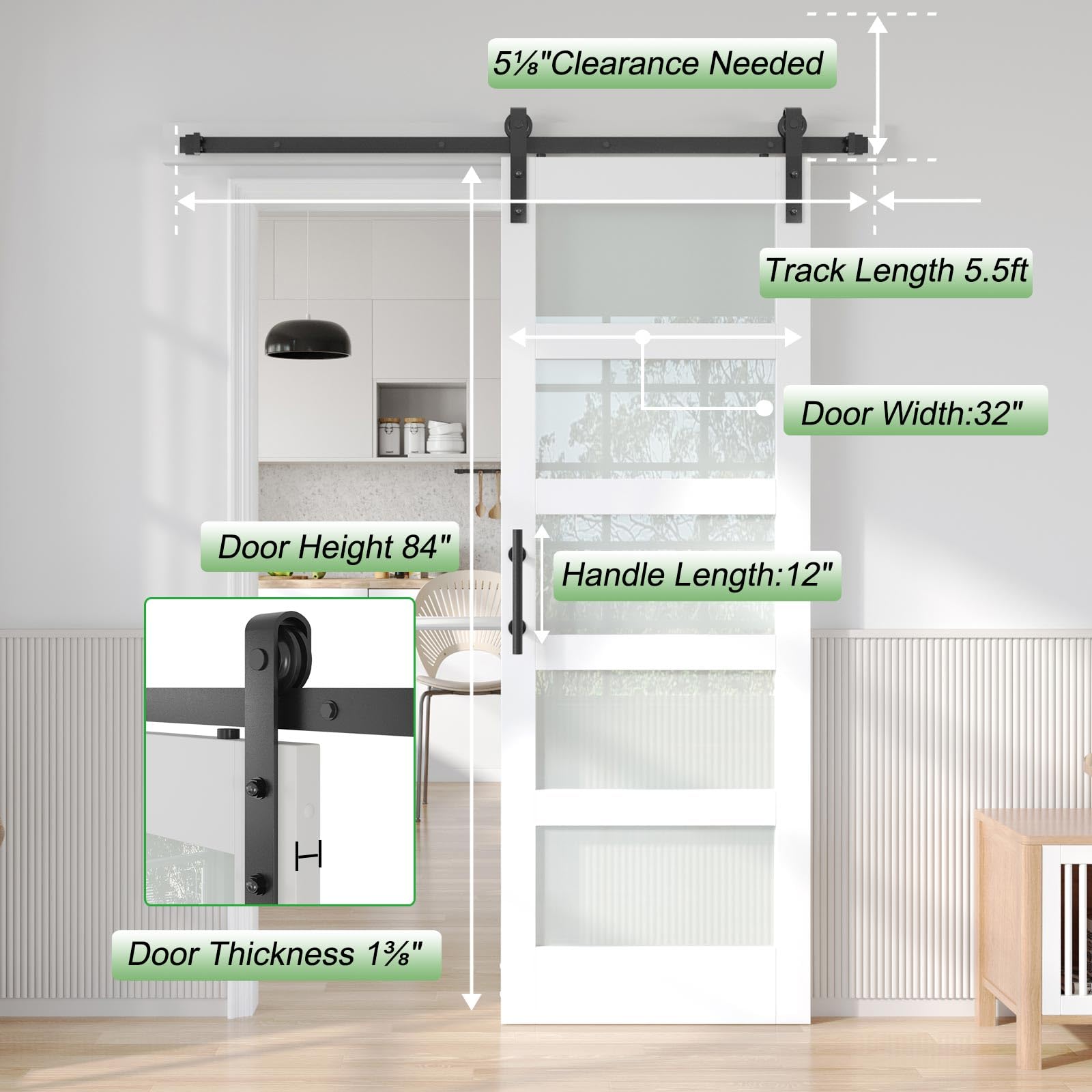 Fredbeck 32in x 84in White Glass Barn Door with 5.5FT 66inch Sliding Door Hardware Kit Included & Handle,PVC Surface,Need to Assembly,Water-Proof,Fit 29in-31in Opening