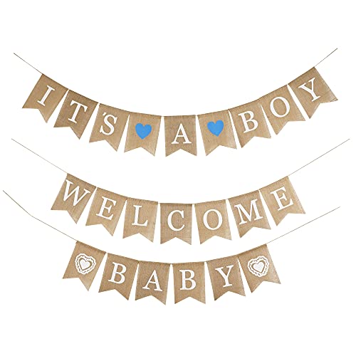 MEEDEE Welcome Baby Banner It's A Boy Banner Burlap Baby Shower Banner For Baby Shower Decorations Rustic Baby Shower Banner Hanging Bunting For Safari Baby Shower Decorations, 3 Pieces