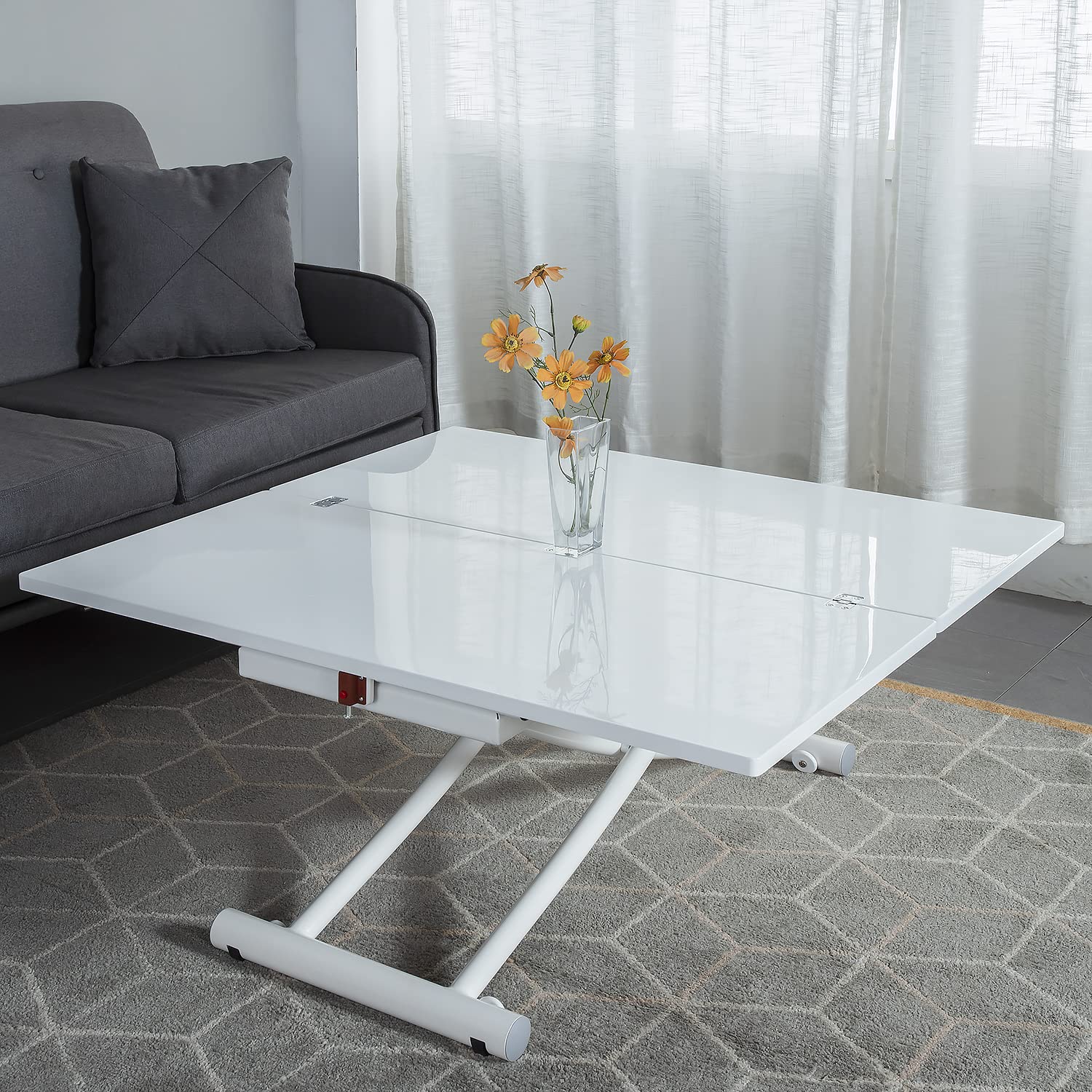 MYSELFLY Living Room Dinning Tables Folding Metal Lift Bracket Multifunction Transform Dinner Kitchen Coffee Tea End Table in Home Wood Desktop Design 40x35 White