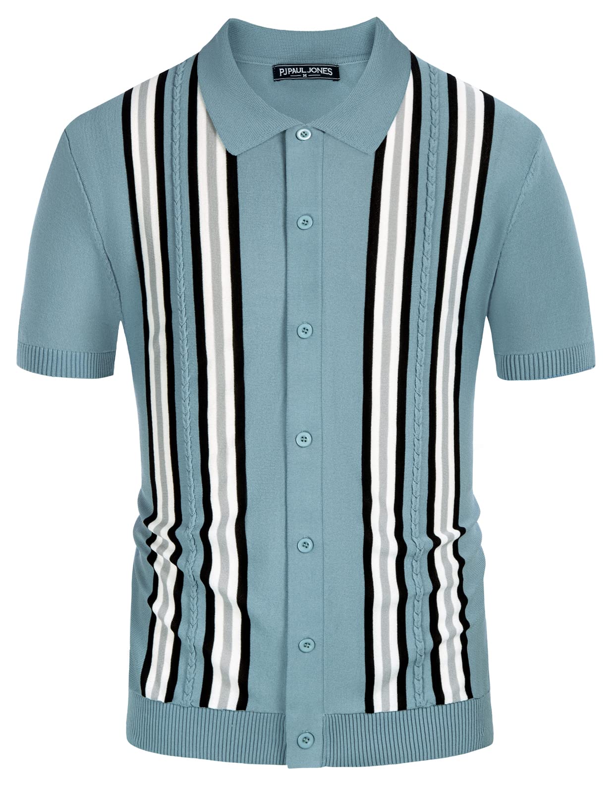 PJ PAUL JONES Knit Polo Shirt Mens Retro 70s Stripes Lapel Collared Knitted Shirts Blue Button Down Italian Knitwear for Summer Golf Bowling XL