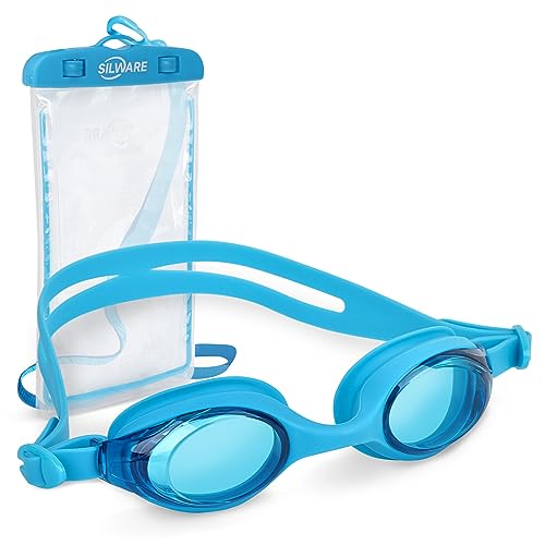 SILWARE Classic Swim Goggles, Colorful Silicone Swimming Goggles, Anti-Fog & Anti-UV, for Adult & Youth, with Waterproof Bag (Blue)