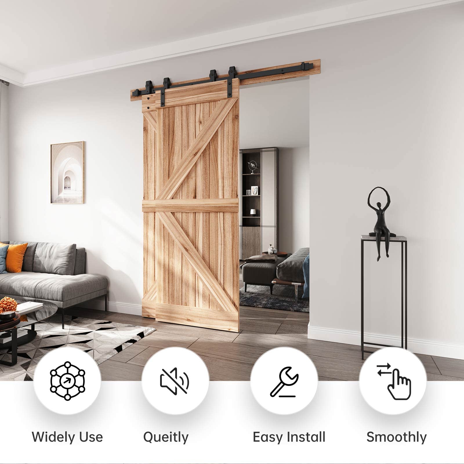 EaseLife 5.5FT Bypass Double Sliding Barn Door Hardware Kit,Single Track,Heavy Duty,Slide Smoothly Quietly,Easy Install, (5.5FT Track Kit for Double 38" Wide Door)