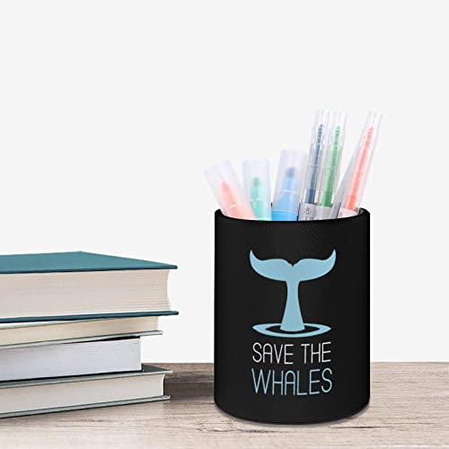 Save The Whales Round PU Leather Pen Holder Desk Organizer Storage Container Pencil Container Brush Scissor Box