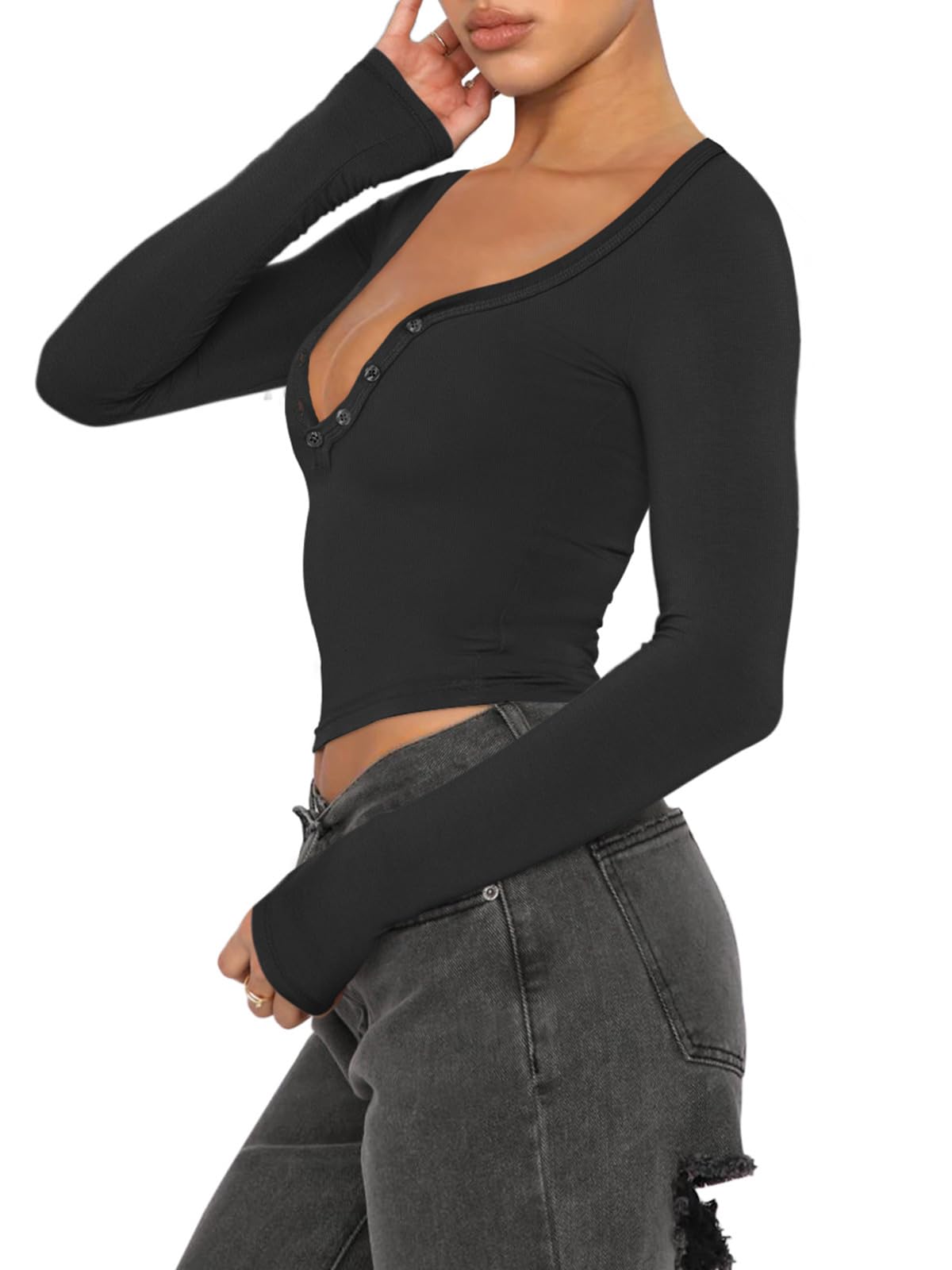 REORIA Women Fall Sexy Long Sleeve Henley T Shirts V Neck Button up Casual Basic Vintage Y2K Slim Fitted Ribbed Knit Tees Crop Tops Black Medium
