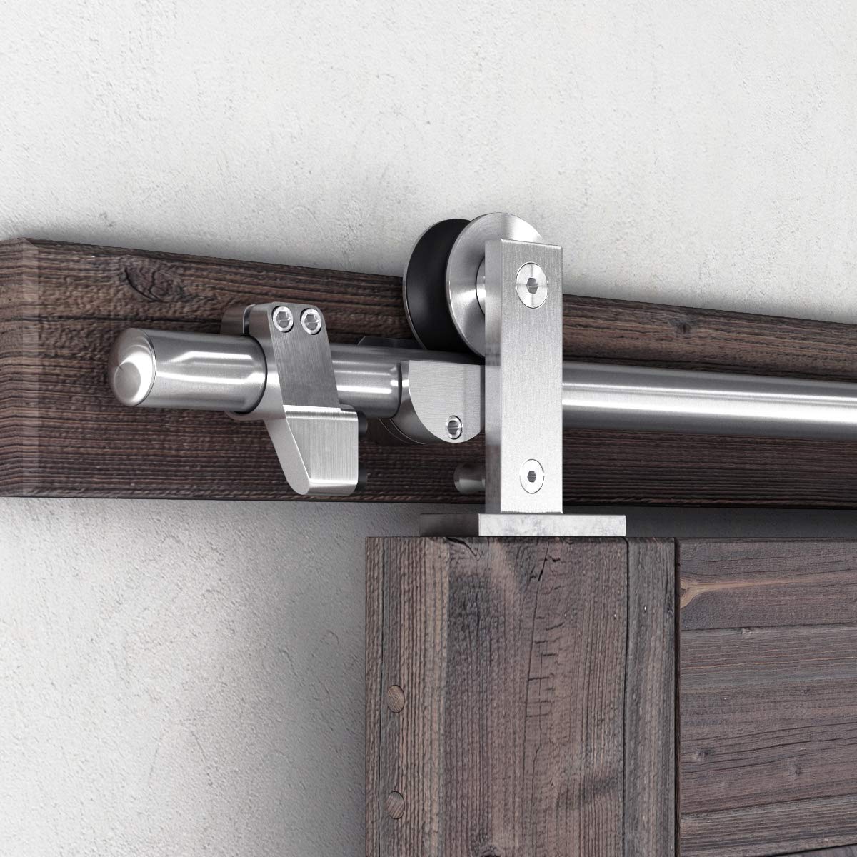 SMARTSTANDARD 6 Feet Top Mount Sliding Hardware Kit with 12'' Pull and Flush Handle Set and Adjustable U Shape Barn Door Floor Guide