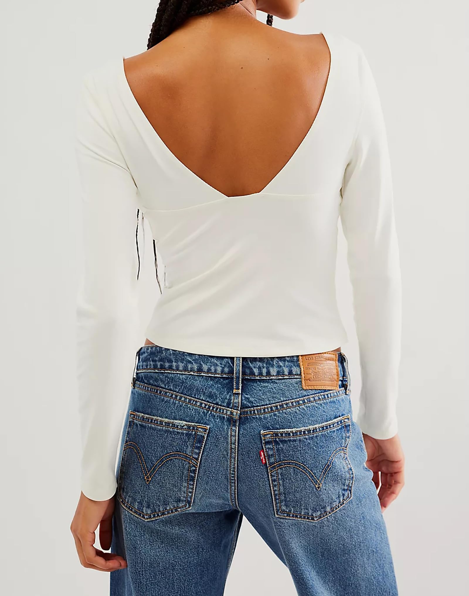 Cioatin Women’s Y2K Long Sleeve Sweetheart V Neck Bustier Crop Tops Tee Slim Fit Corset Going Out Cropped T Shirts Fall White