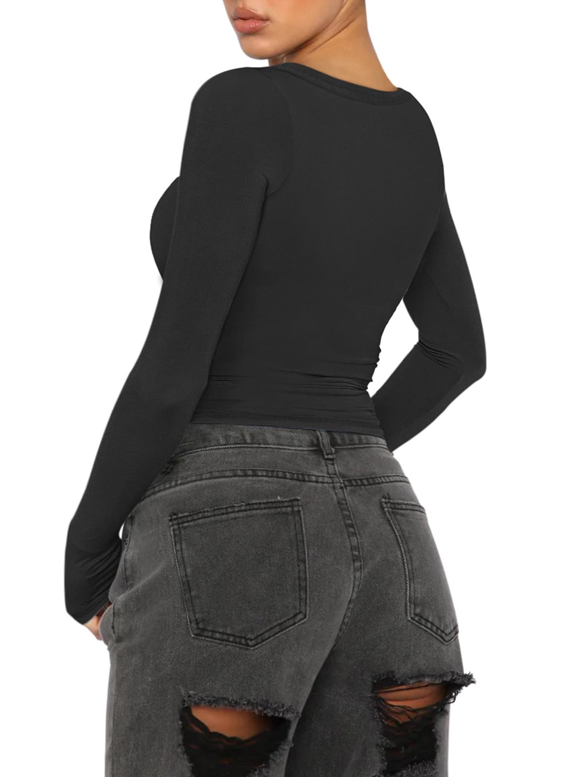 REORIA Women Fall Sexy Long Sleeve Henley T Shirts V Neck Button up Casual Basic Vintage Y2K Slim Fitted Ribbed Knit Tees Crop Tops Black Medium
