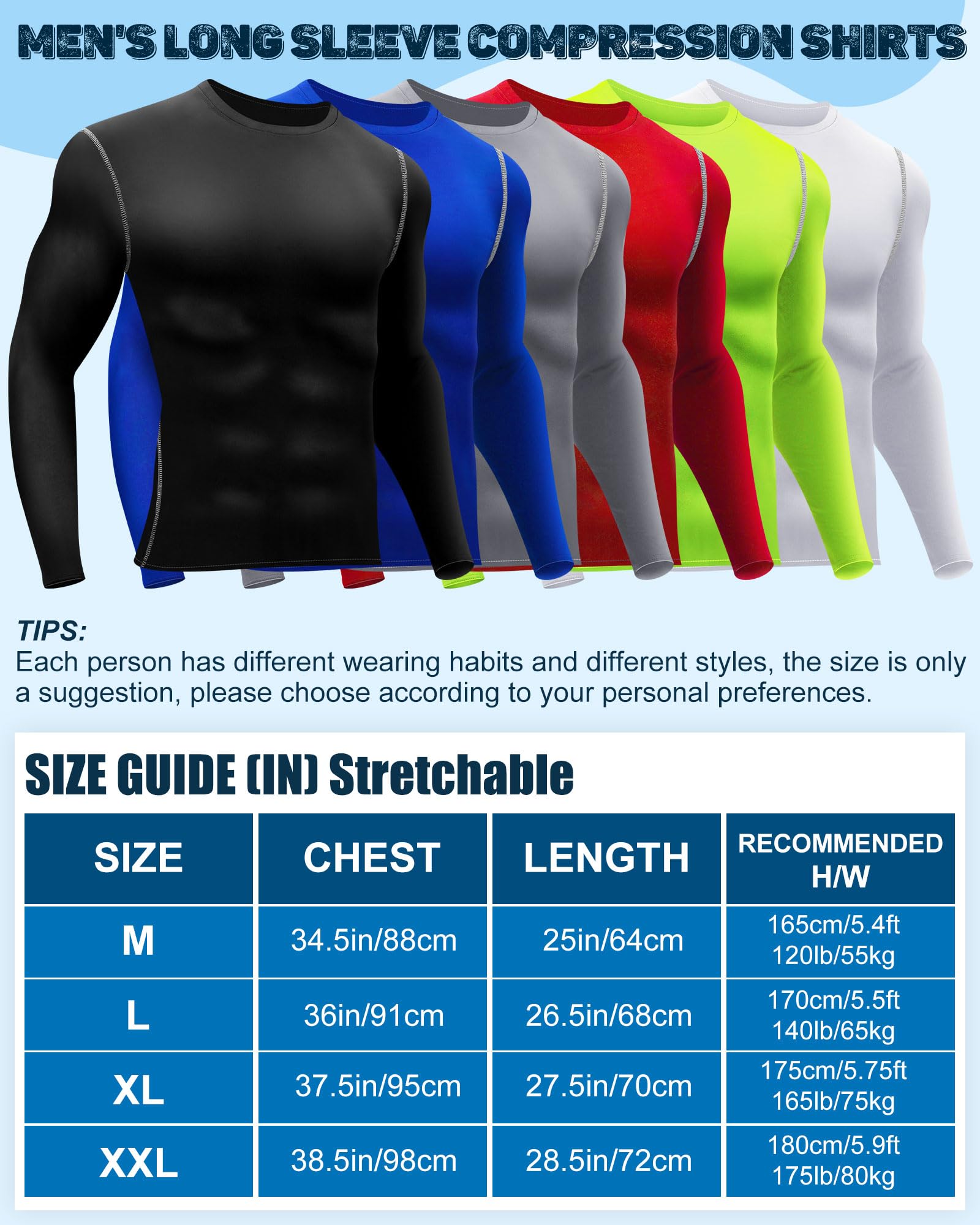 Hicarer 6 Pack Men's Athletic Compression Shirts Long Sleeve Workout Running Undershirt Thermal Sport Base Layer Top(Medium,Multicolor)