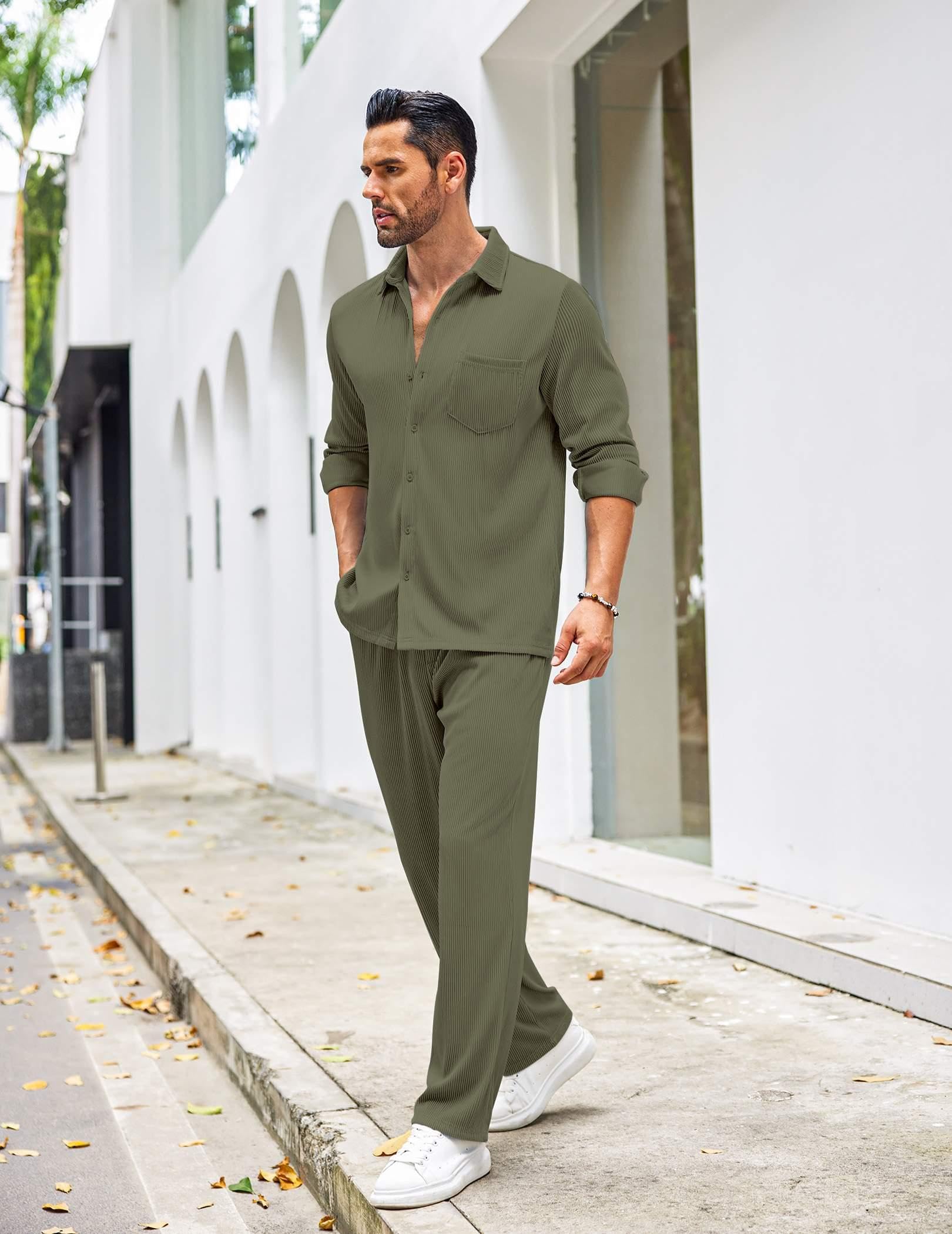 COOFANDY Mens Matching Shirt and Pants Set Long Sleeve Button Up Shirts Ribbed Pants with Pockets Lounge Tracksuits