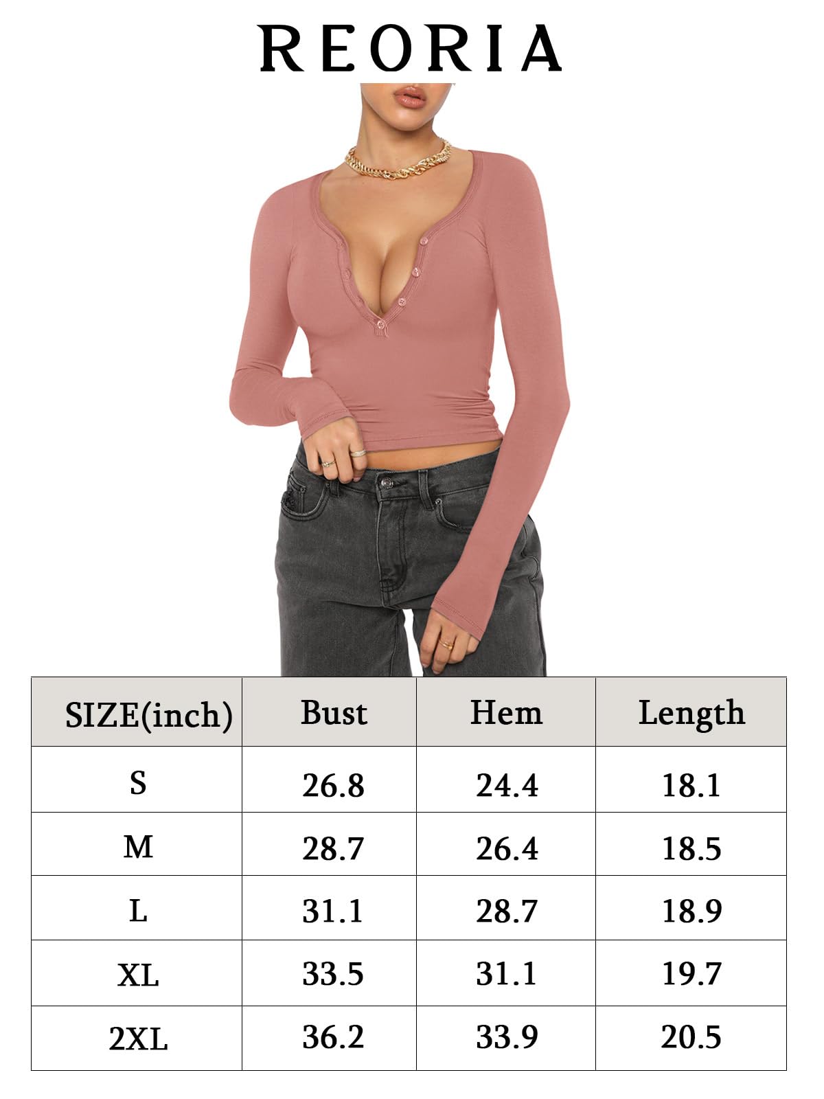 REORIA Women Fall Sexy Long Sleeve Henley T Shirts V Neck Button up Casual Basic Vintage Y2K Slim Fitted Ribbed Knit Tees Crop Tops Black Medium