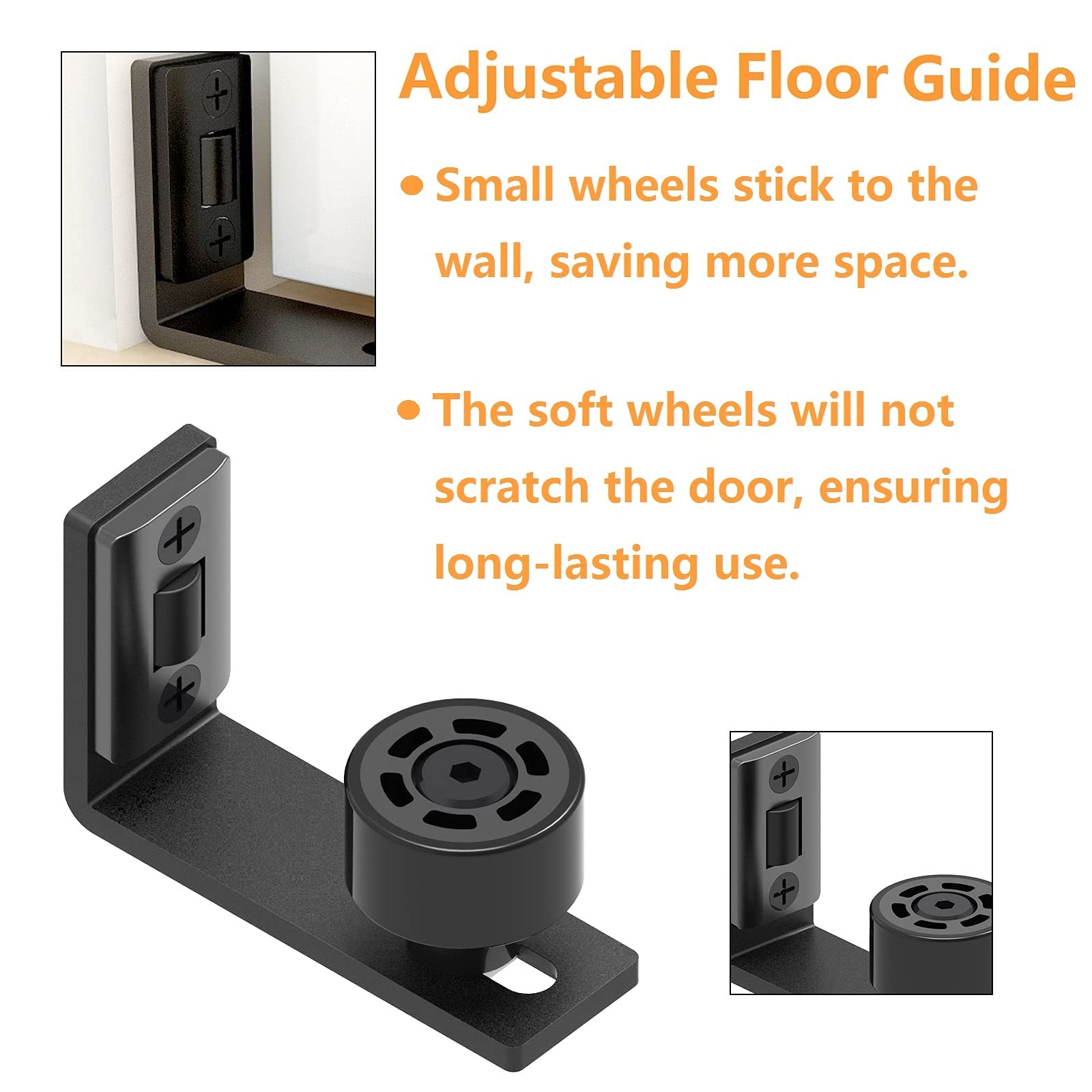 TOIMIOTOIM Sliding Barn Door Floor Guide Doors Bottom Wall Mount Adjustable Roller Double Wheel No Punching Required System 2 Pack Black, Smoothly and Quietly