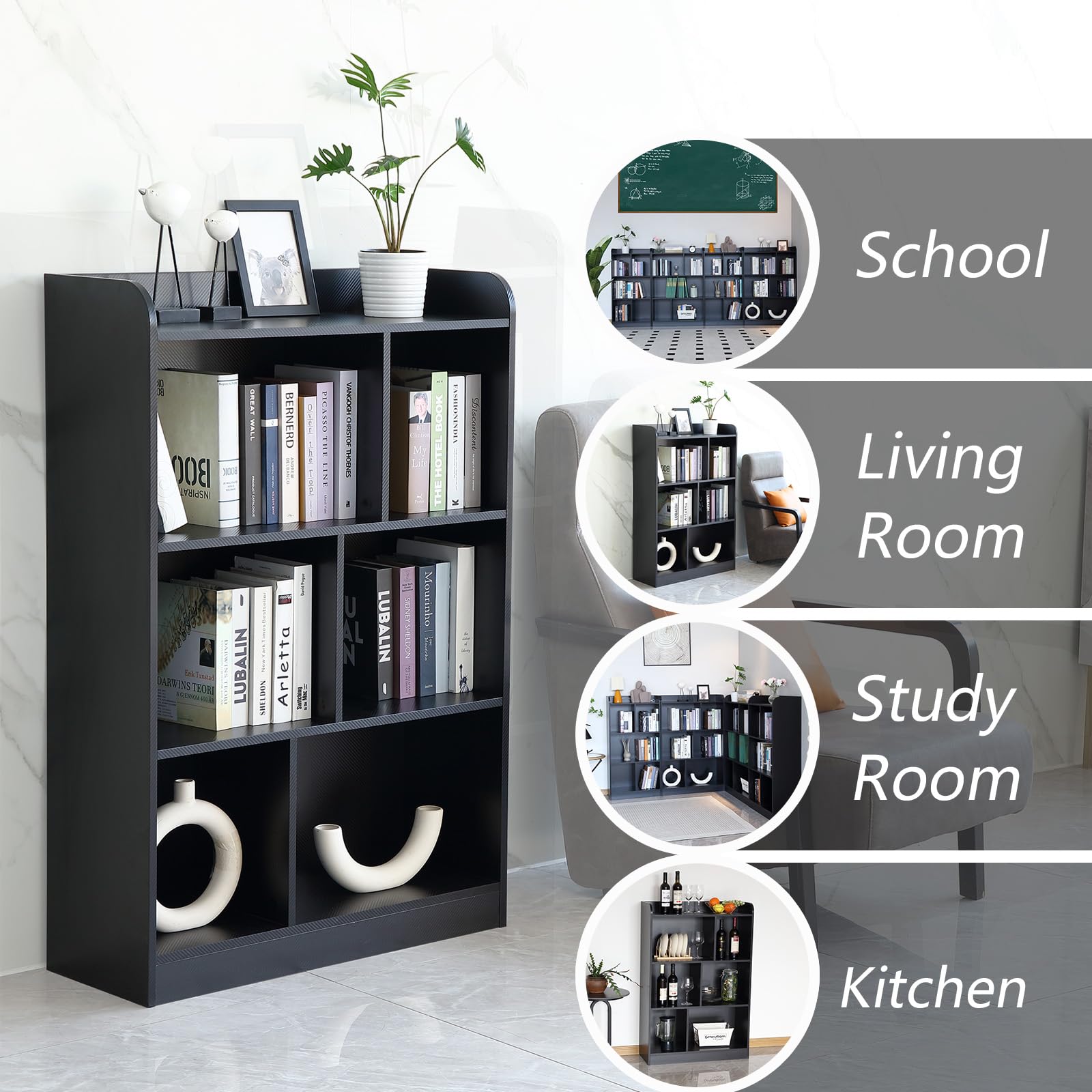COMUHOME Book Shelf with Back Panel Stability 6 Cube Bookcase Multifunctional Cube Storage Organizer for Bedroom Living Room Office Closet School in Black with 31.49''W