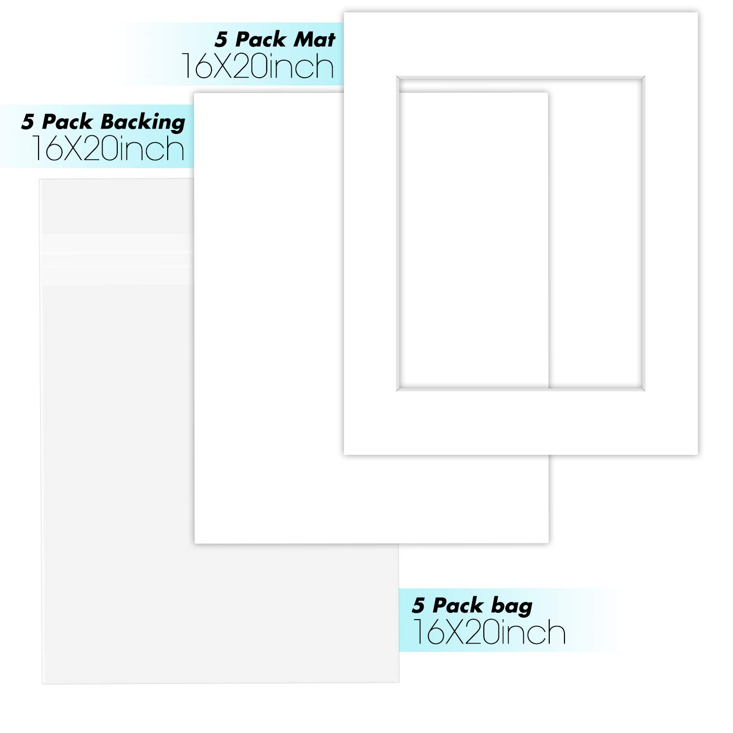 Golden State Art, White Pre-Cut 16x20 Picture Mat for 11x14 Photo with White Core Bevel Cut Mattes Sets. Includes High Premier Acid Free Mats & Backing Board & Clear Bags (5 Kit)