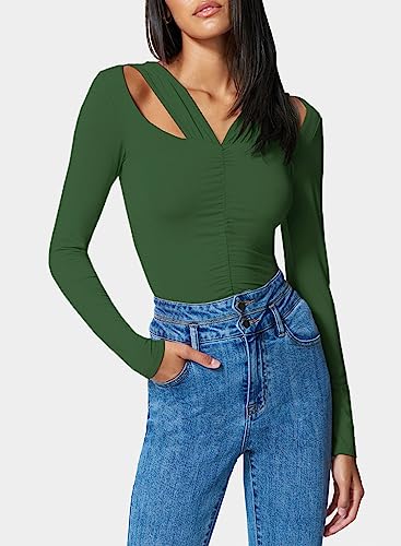Dokotoo Women's Cross Wrap Ruched Plunge Sexy Deep V Neck Slim Fit Long Sleeve T Shirt Tunic Tops Tee Green XL