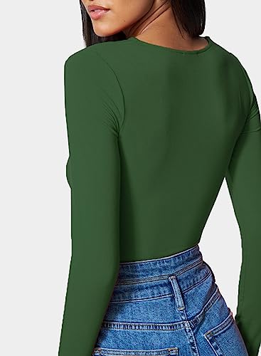 Dokotoo Women's Cross Wrap Ruched Plunge Sexy Deep V Neck Slim Fit Long Sleeve T Shirt Tunic Tops Tee Green XL