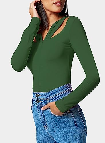 Dokotoo Women's Cross Wrap Ruched Plunge Sexy Deep V Neck Slim Fit Long Sleeve T Shirt Tunic Tops Tee Green XL