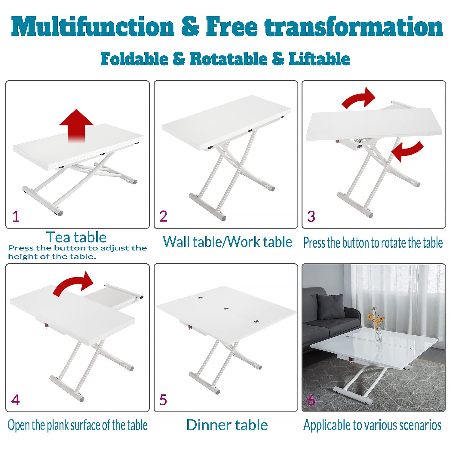 MYSELFLY Living Room Dinning Tables Folding Metal Lift Bracket Multifunction Transform Dinner Kitchen Coffee Tea End Table in Home Wood Desktop Design 40x35 White