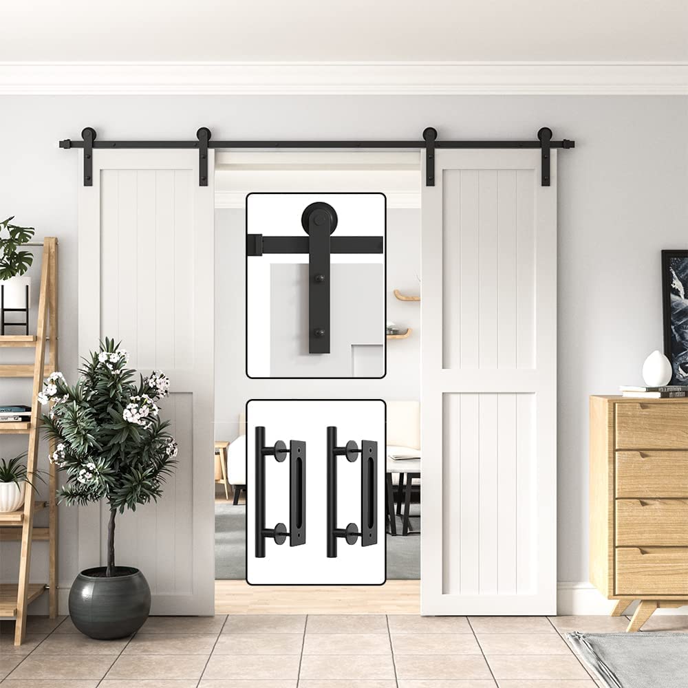 WINSOON Sliding Barn Door Hardware Double Door 8ft Track Kit with 2PCS 12 Inch Sliding Barn Door Handle Set